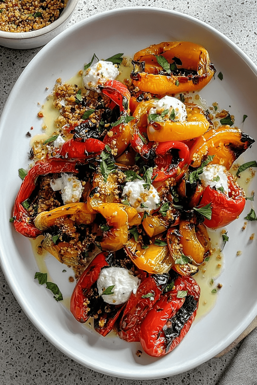 Grilled Marinated Peppers With Burrata And Crispy Breadcrumbs