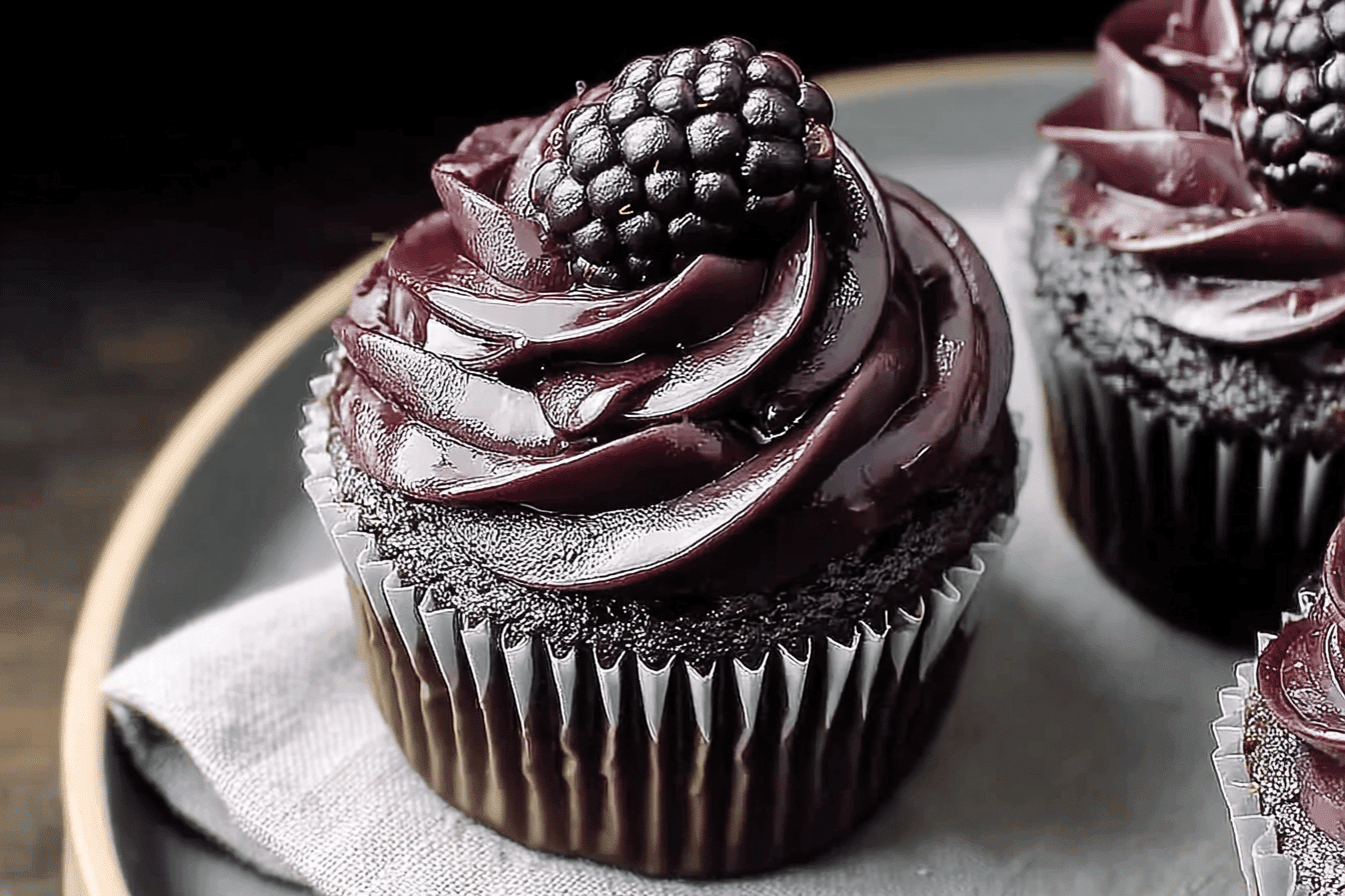 Dark Chocolate Blackberry Cupcakes With Creamy Frosting