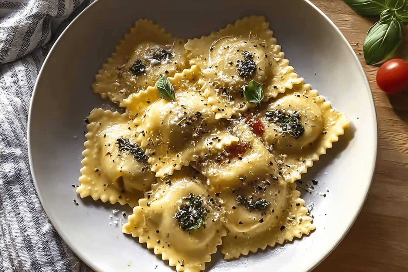 Ravioli In Creamy Tuscan Sauce With Spinach And Tomatoes