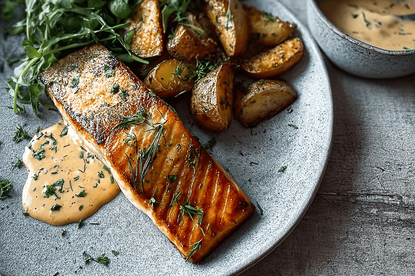 Seared Salmon With Crispy Skin And Garlic Lemon Butter